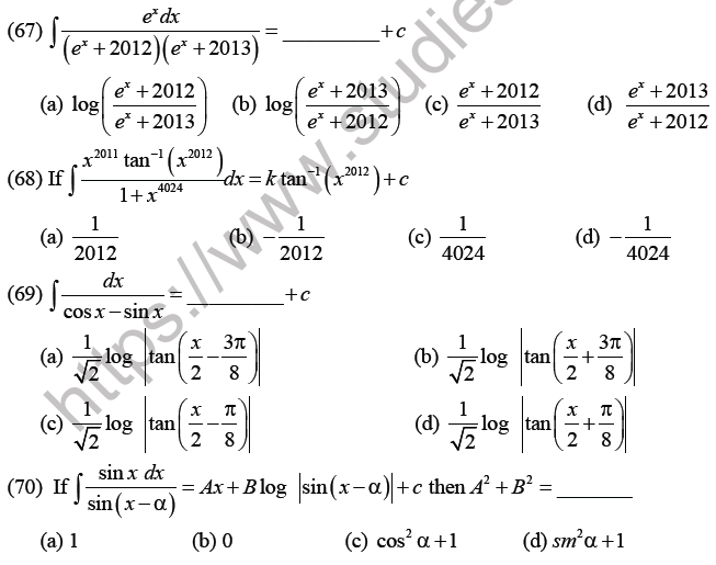 JEE Mathematics Indefinite Integrals MCQs Set C with Answers
